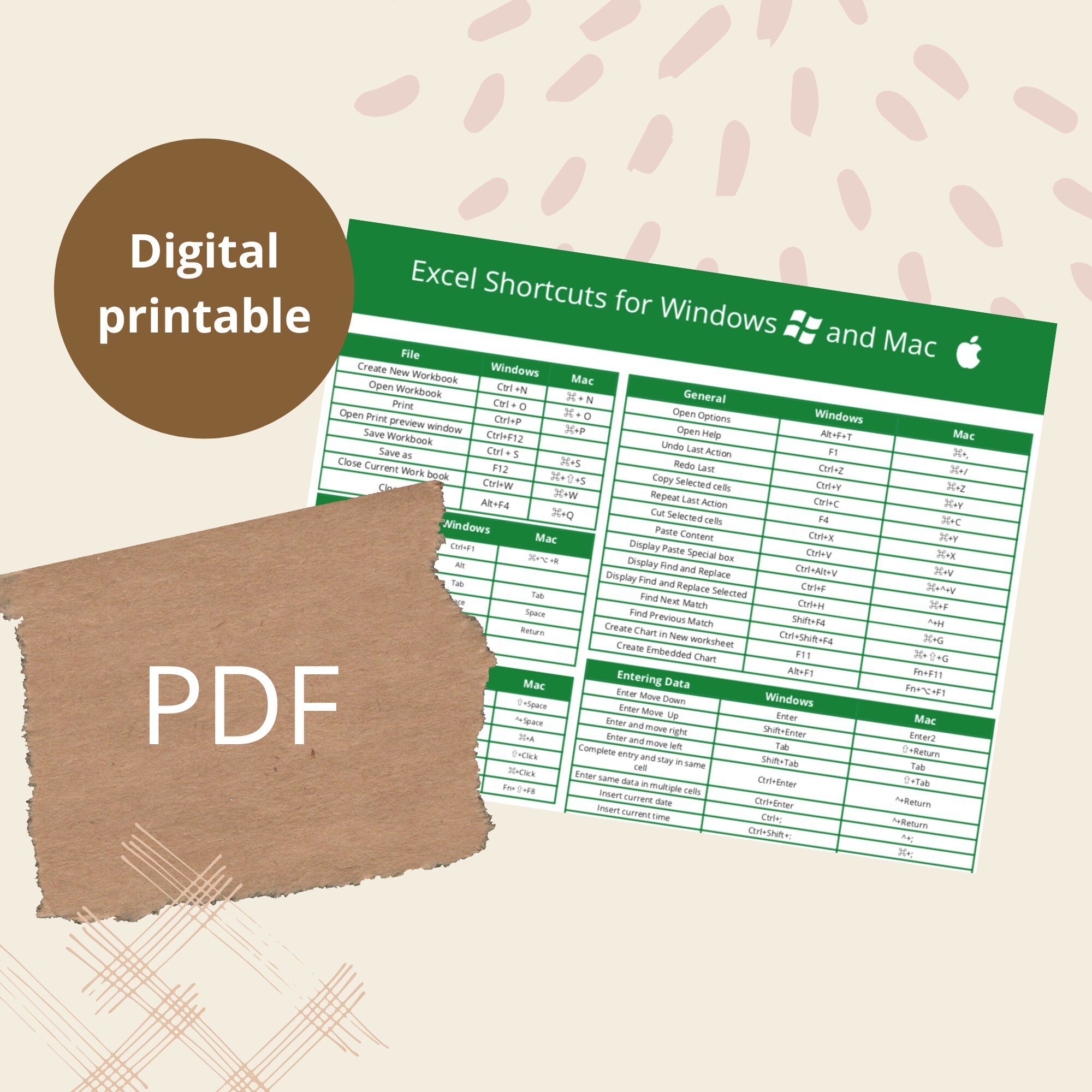 Printable Excel Shortcuts for Windows and Mac| Excel Shortcuts Mac ...