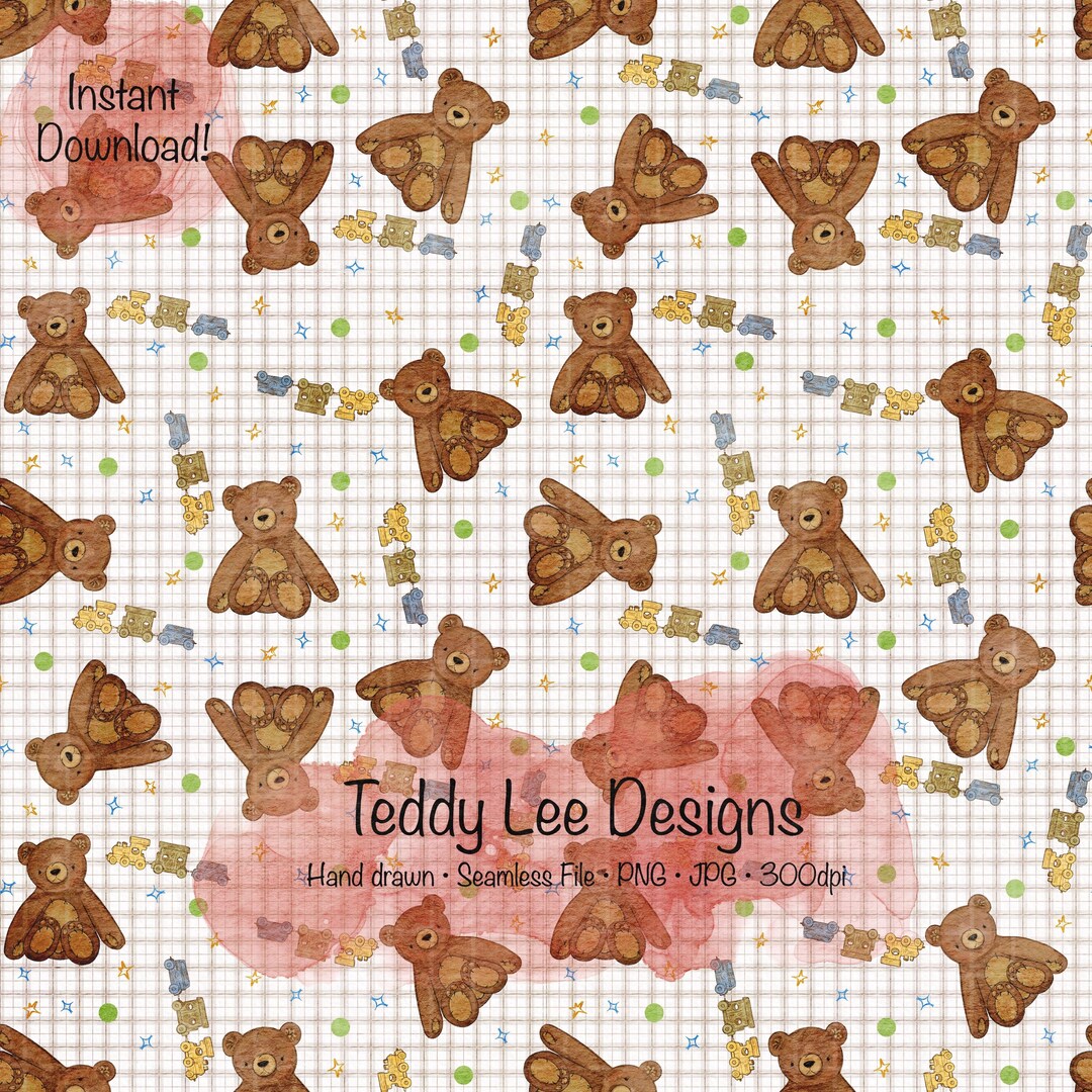 Hand Drawn Seamless Digital File - Vintage Teddy Bear and Baby Toys - Etsy