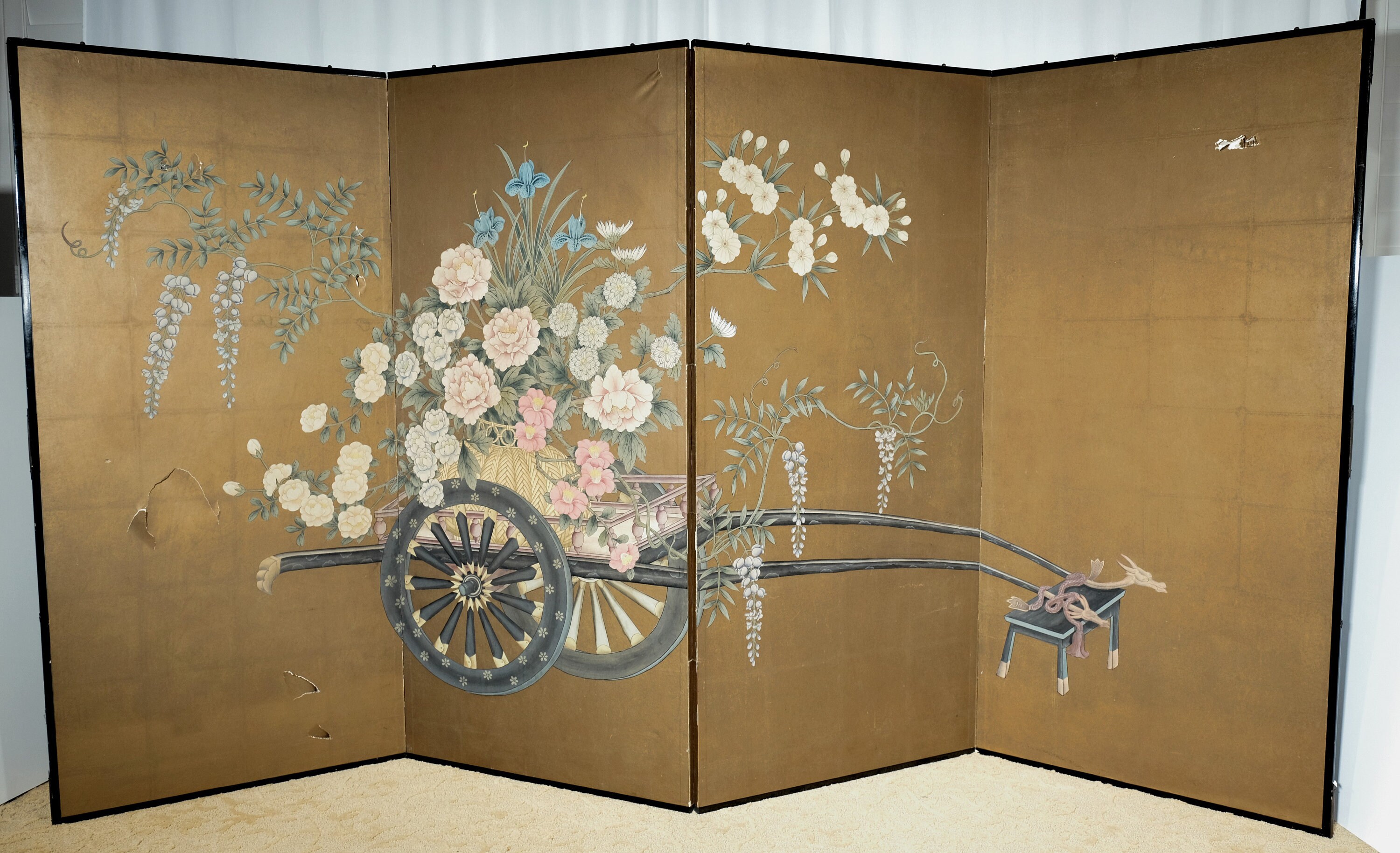 Japanese (?) Cart and Flowers Large 4-panel Byobu Signed & Painted ...