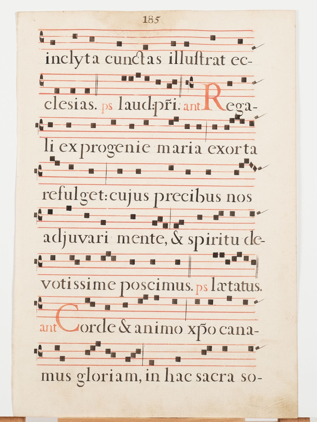 17th Century Latin Antiphonal Music Vellum(?) Manuscript 18" × 12" Double Sided Pages 185 & 186 ...