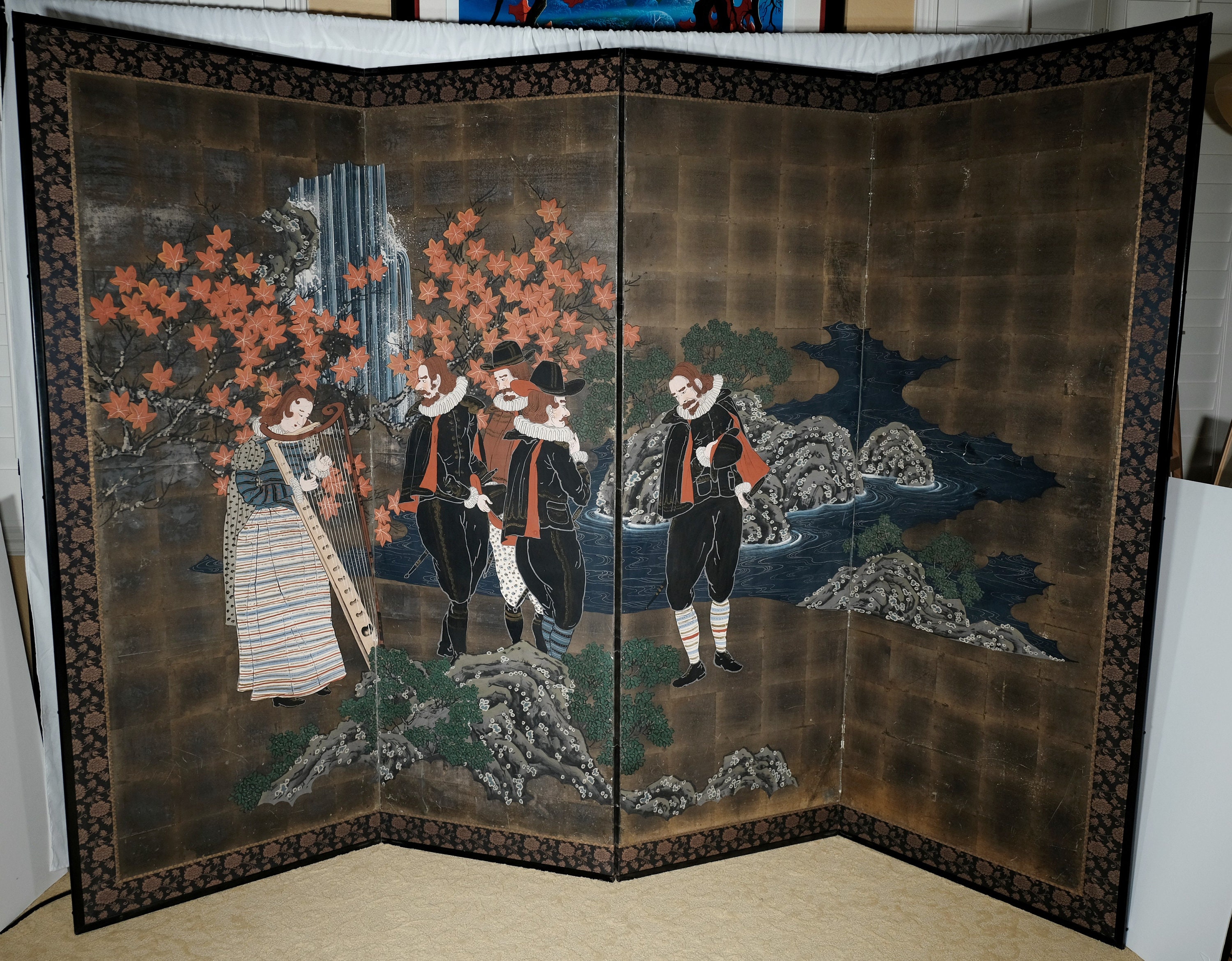 Japanese 4-panel Restored Namban Byobu Hand Signed & Painted Early 18th ...