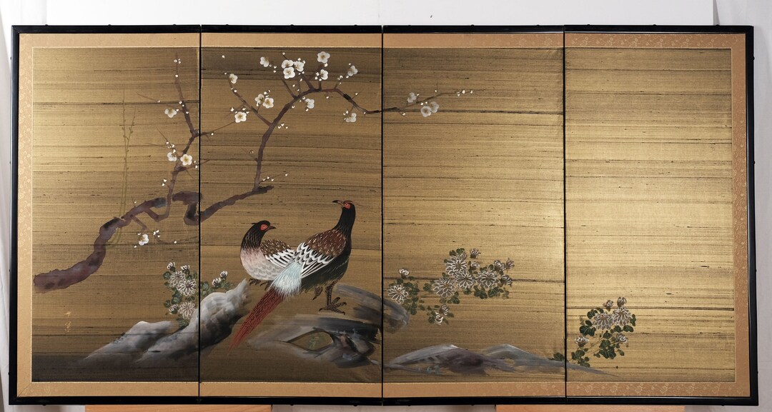 Japanese 4-panel Byobu Mid-century Asian Pheasants Pair Hen and Male ...