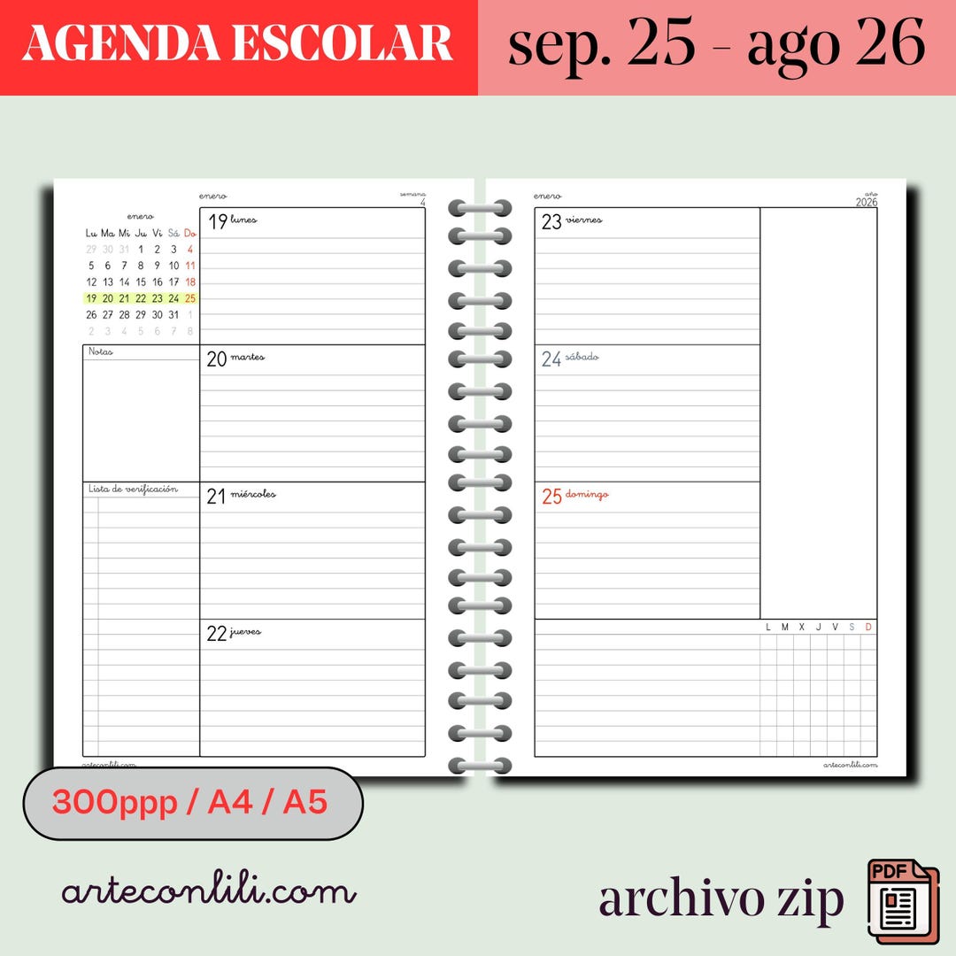 2025-2026 Printable A4/A5 School Planner | Week-at-a-glance in Spanish ...