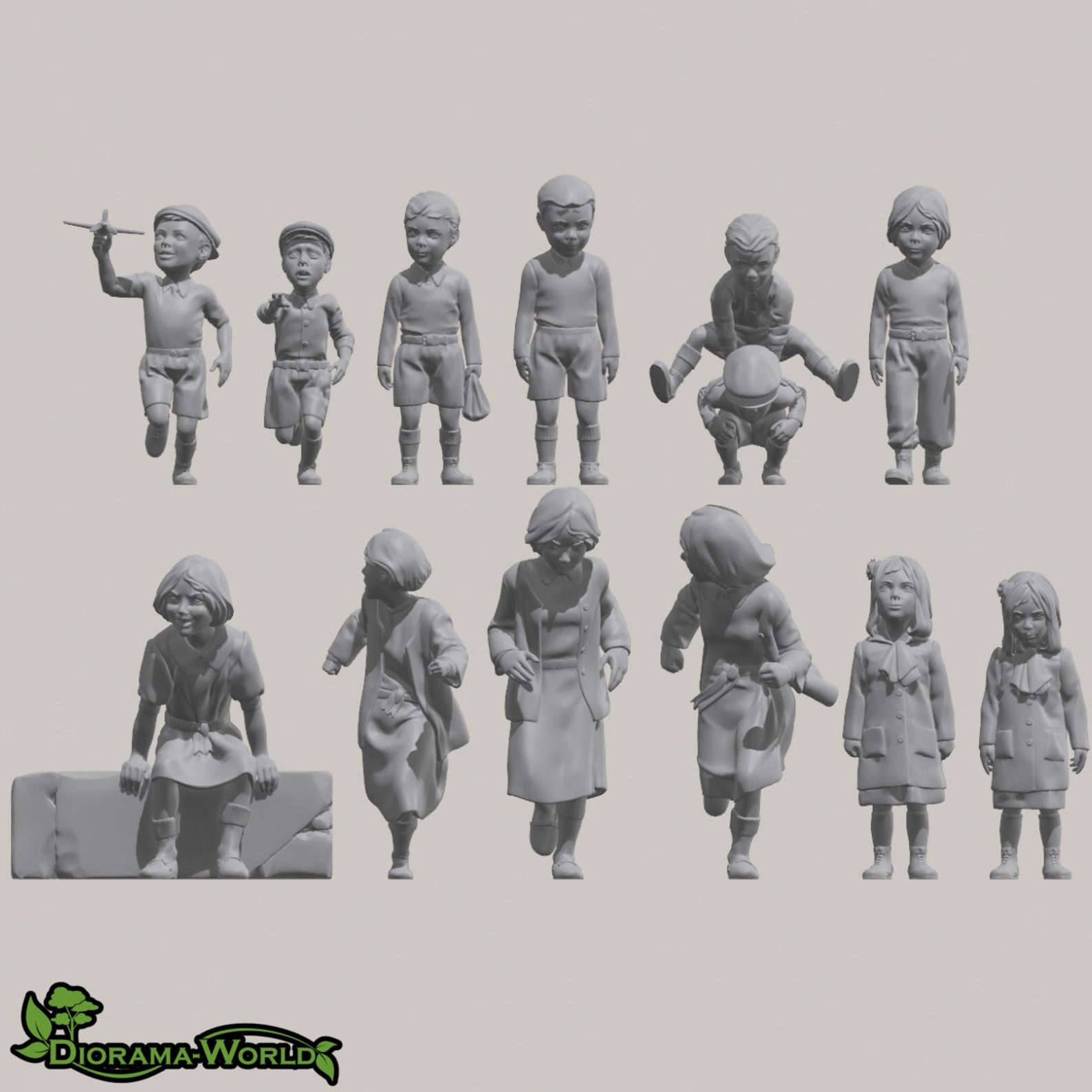 Children's WW2 Set - Resin Figures Set - 13 Pieces - 1:24, 32, 35, 48 ...