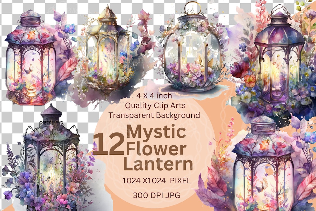 12 PNG Files of Water Color Flora Mystic Lantern Ai-generated Clip Arts ,digital Art Bundle ...
