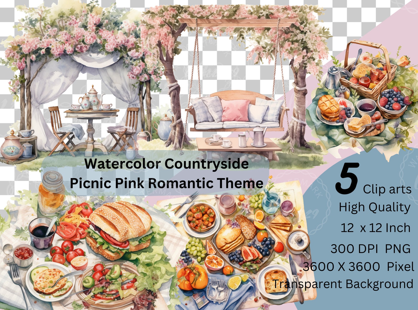Watercolor Countryside Picnic Pink Romantic Theme , High Quality Clip ...