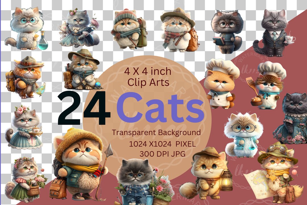 24 PNG of Cute Cats Clip Arts ,digital Art Bundle ,instant Download ...
