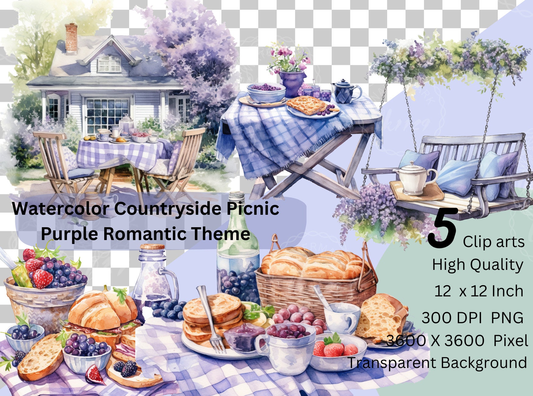 Watercolor Countryside Picnic Purple Romantic Theme , High Quality Clip ...