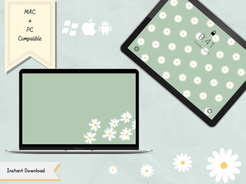 Green Daisy Wallpaper Set / Computer/ Laptop / Desktop/ Home Screen ...