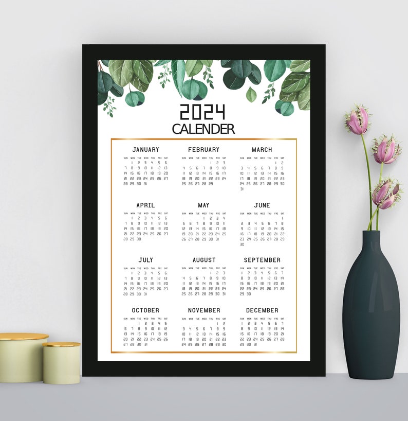 Yearly Printable Calendar 2024, Flower Design, 2024 Calendar, Year at a ...