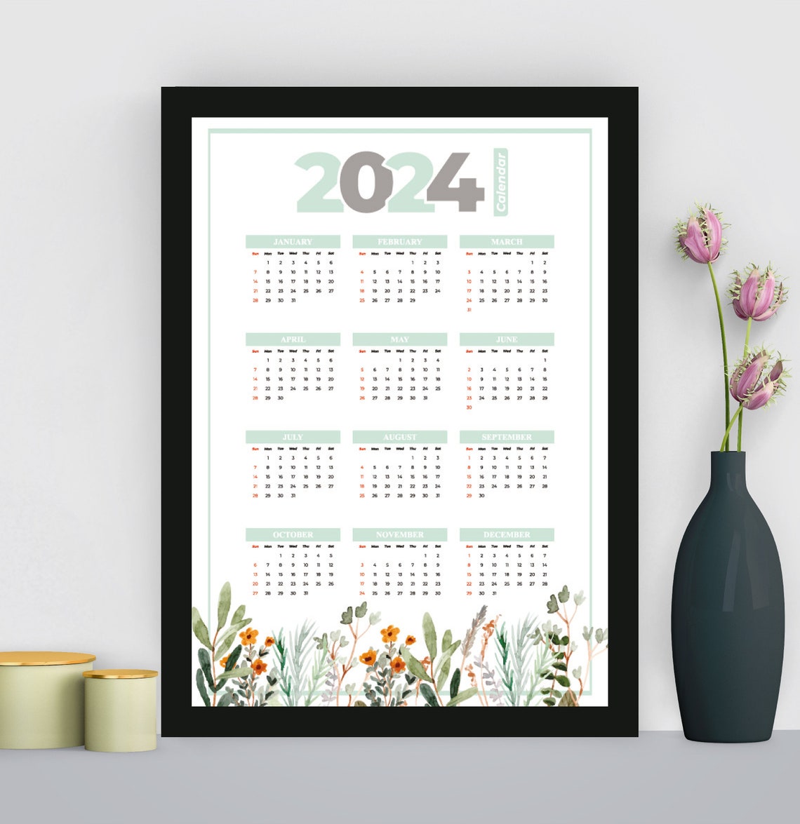 Yearly Printable Calendar 2024, Flower Design, 2024 Calendar, Year at a ...