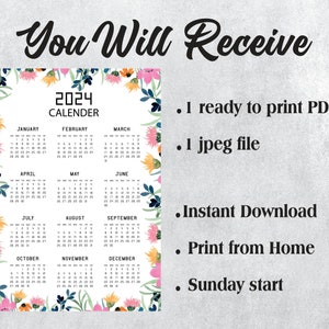 Yearly Printable Calendar 2024, Flower Design, 2024 Calendar, Year at a ...