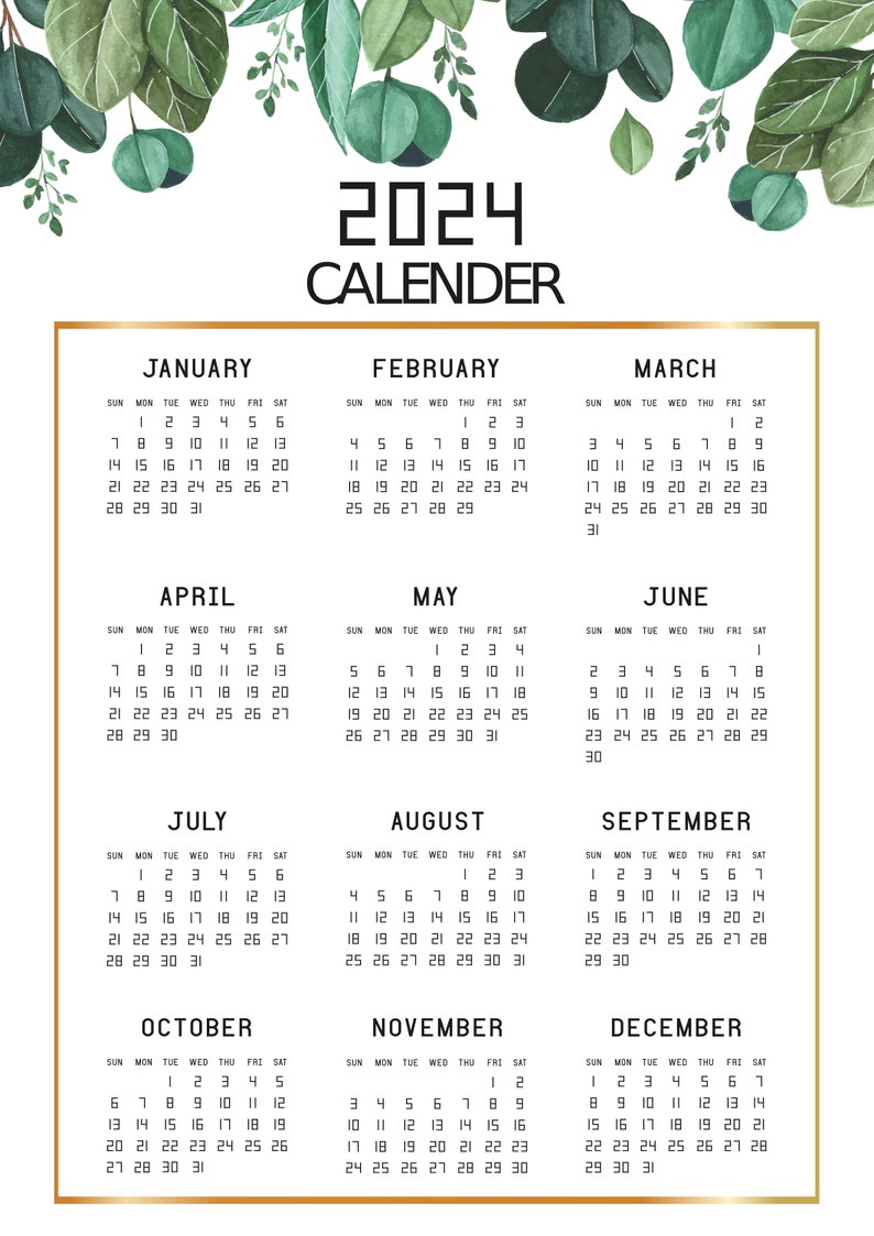 Yearly Printable Calendar 2024, Flower Design, 2024 Calendar, Year at a ...