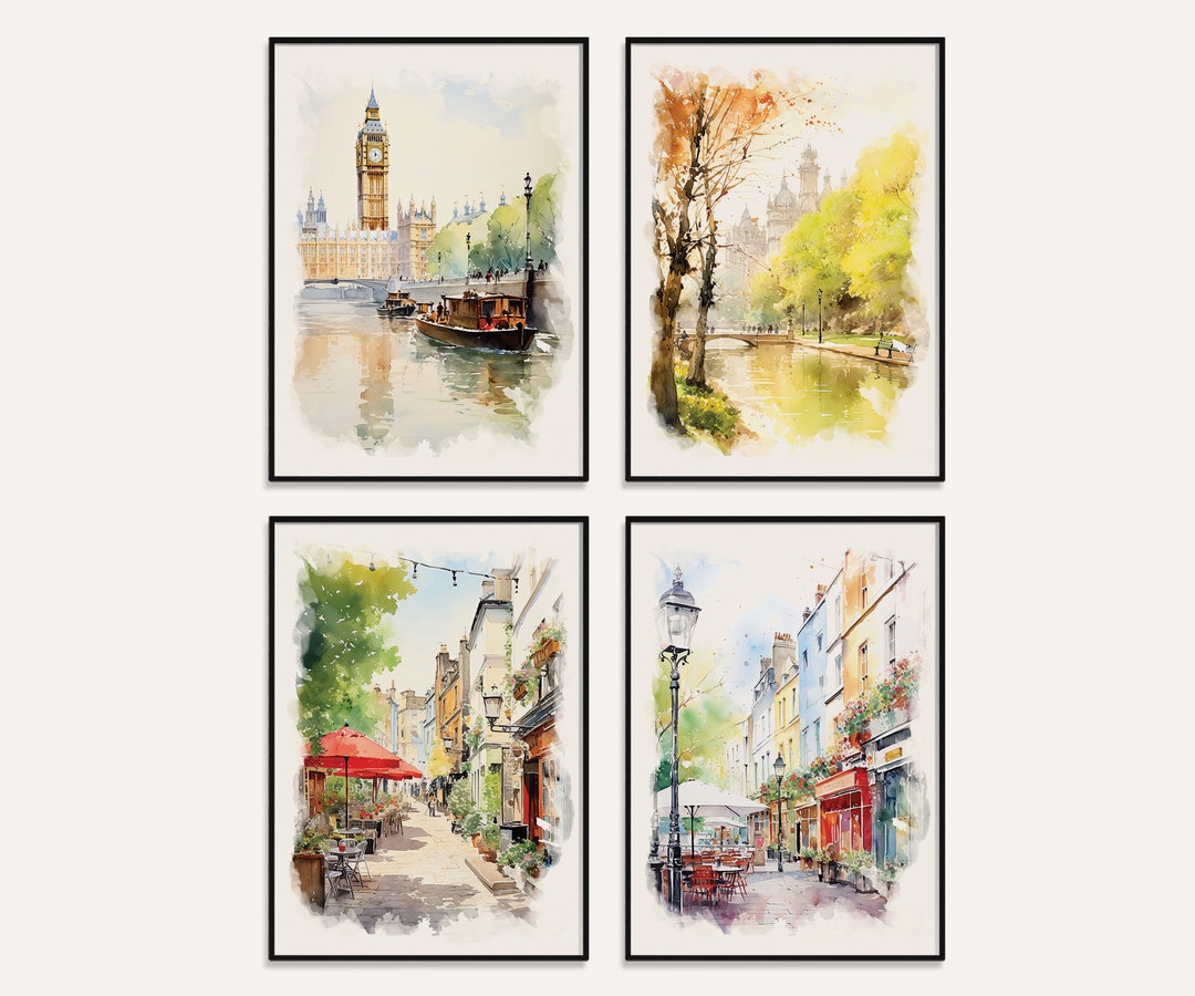 England, London Watercolor Prints Bundle Set of 4, Touristic Gallery Set, Colorful City Posters ...