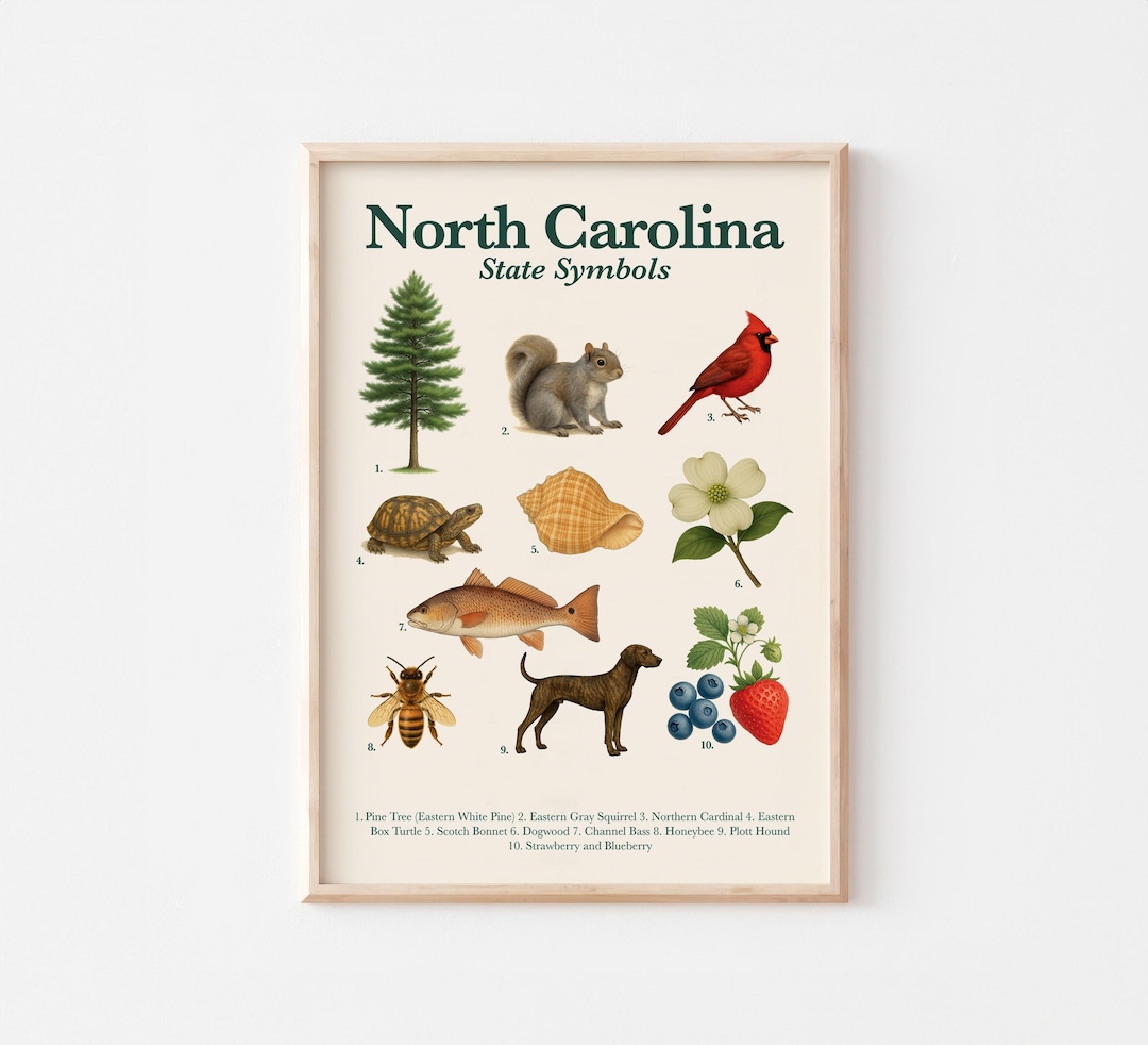 North Carolina State Symbols Poster: Vintage Wildlife Art (digital ...