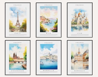 Watercolor Travel Prints, Touristic Gallery Set, Vacation City Illustration, Colorful City ...