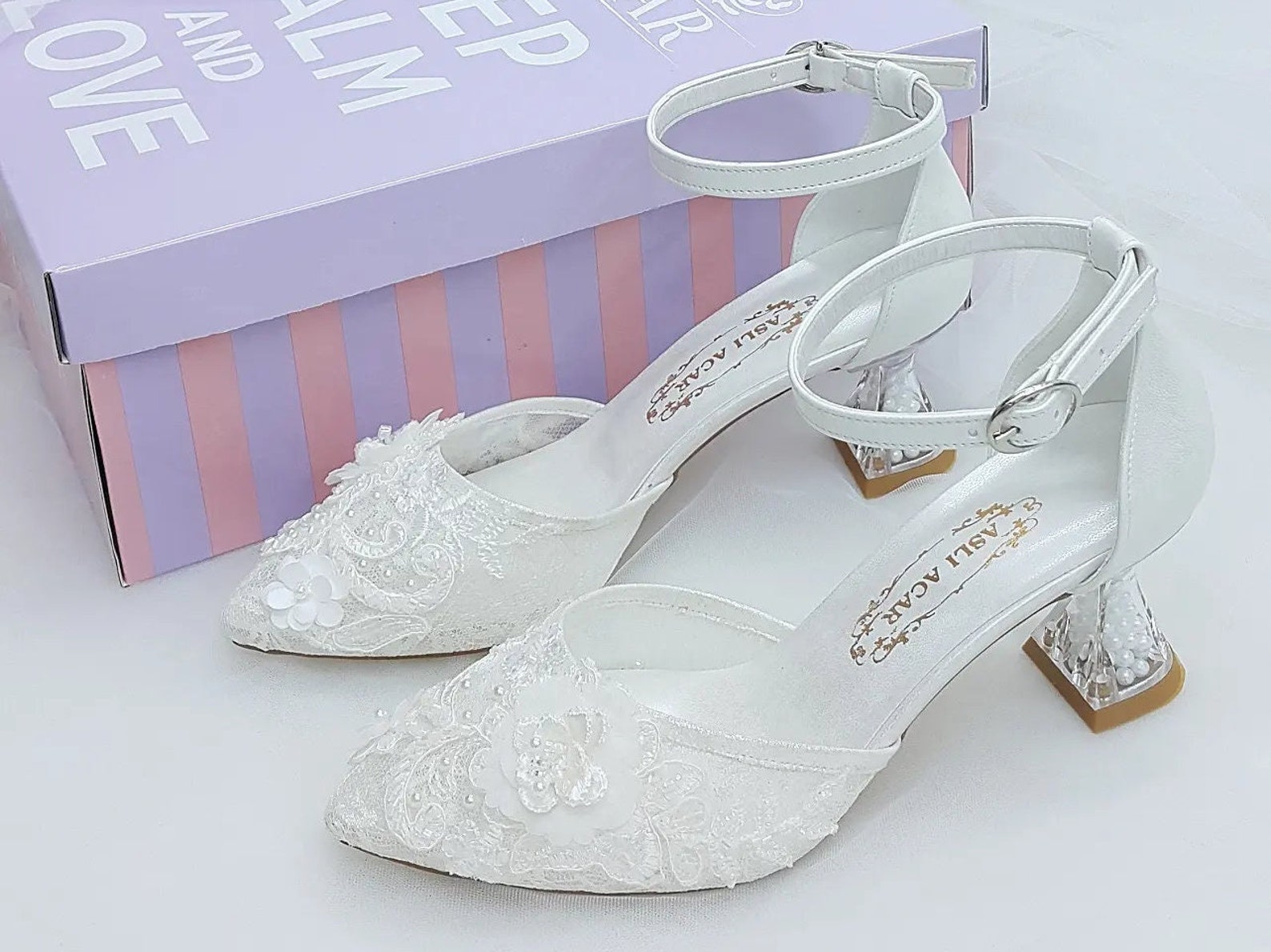 Short Heels Tulle Lace Embroidered Thick Heeled Comfortable - Etsy