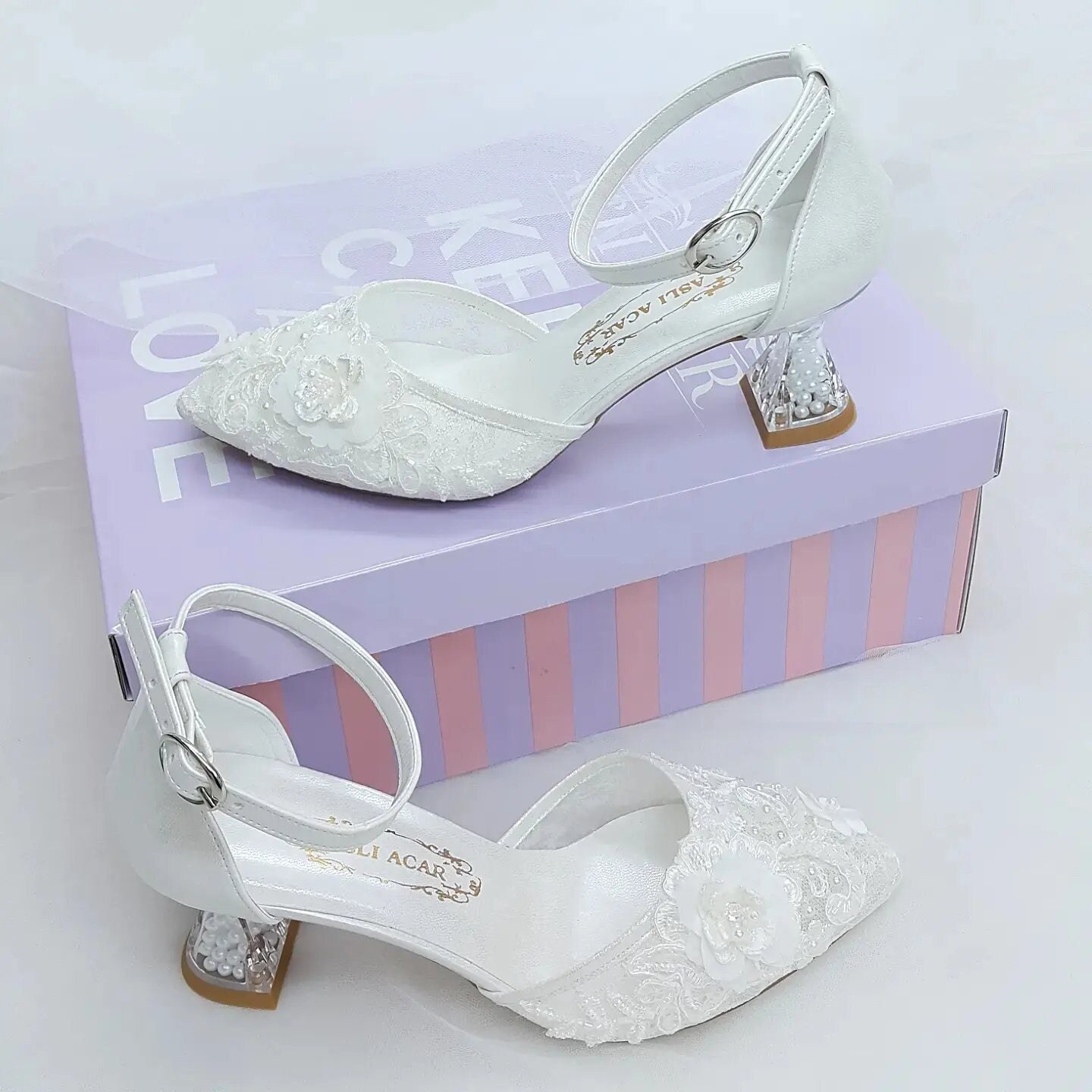 Short Heels Tulle Lace Embroidered Thick Heeled Comfortable - Etsy