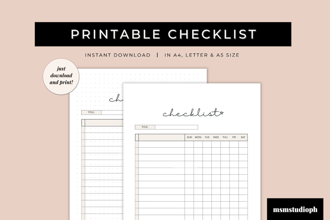 Printable Checklist Bullet Journal Checklist Monthly Checklist Weekly ...