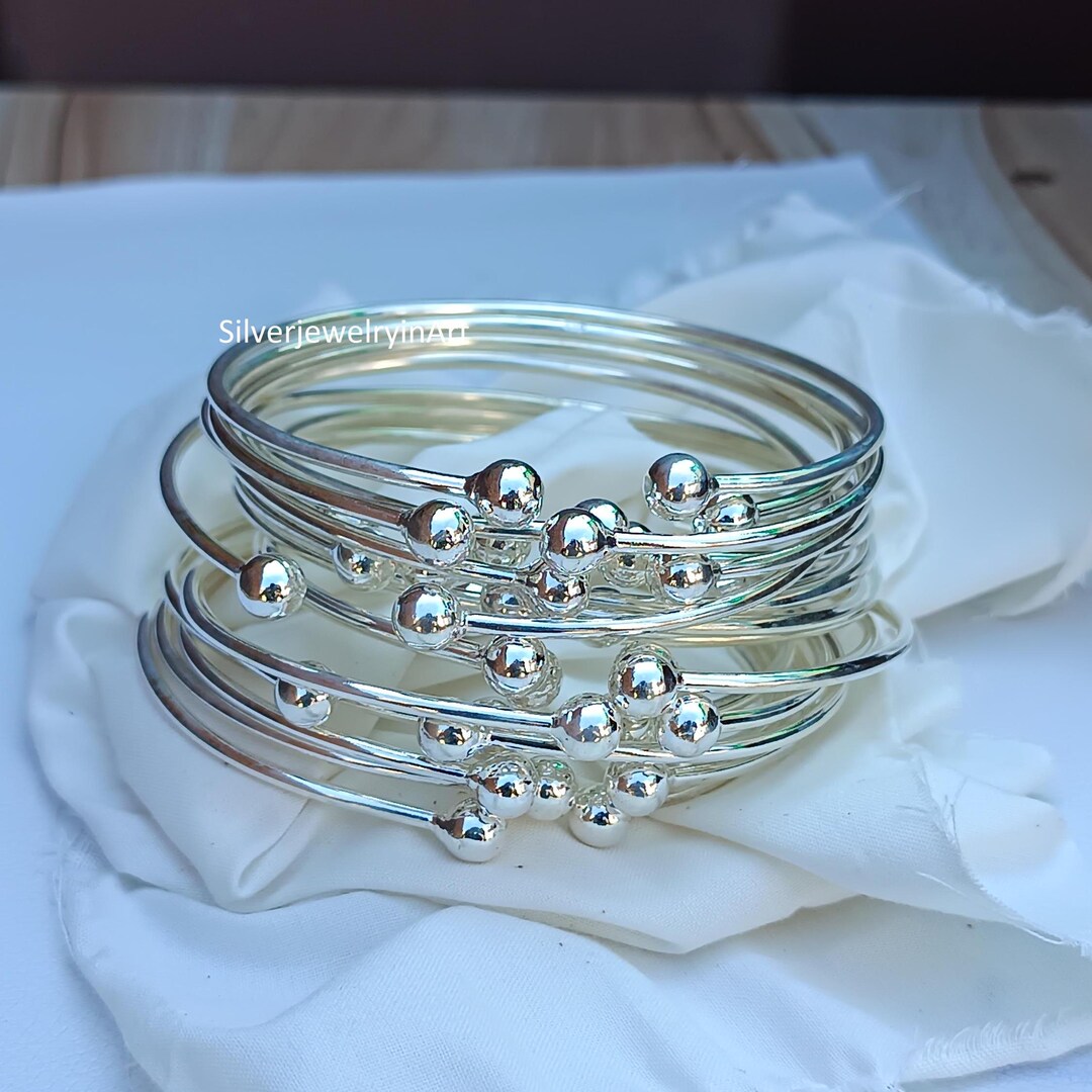Set of 9 Bangles , 10mm Ball Silver Bangles , Boho Stacking Bangles ...