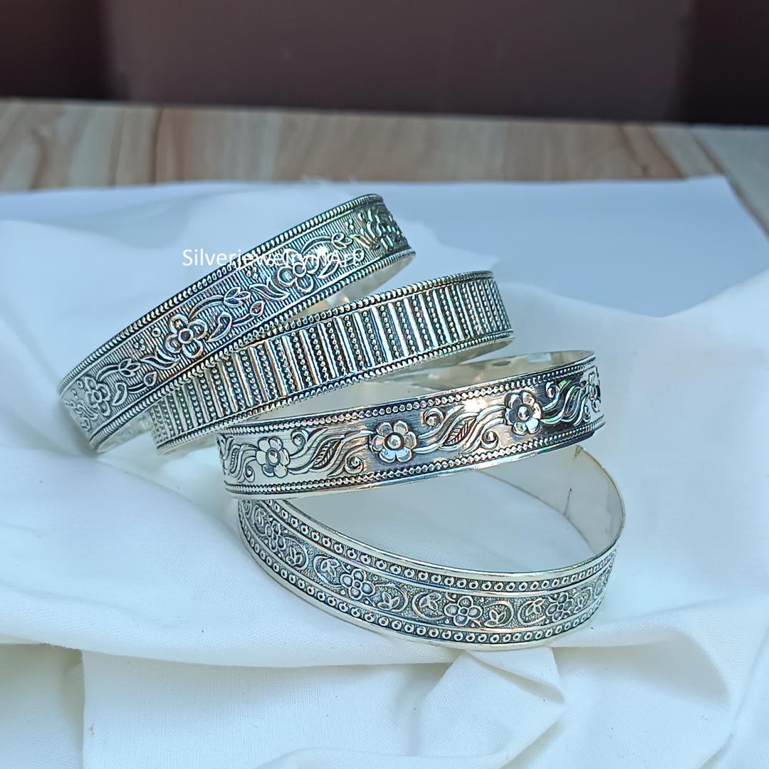 Set of 4 Bangles , Flower Design Bangles , Made in Sterling Silver ...