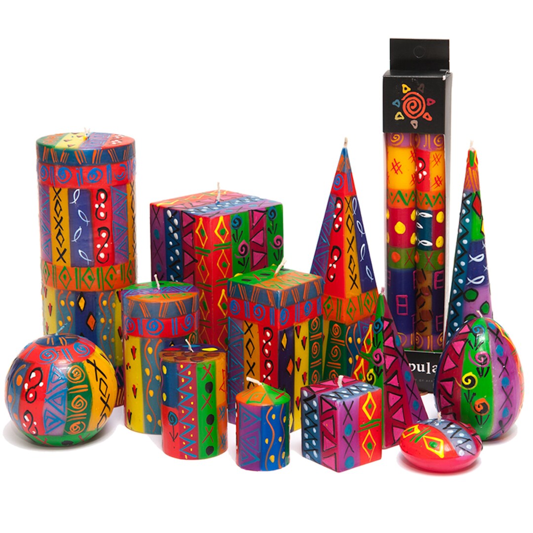 Fairtrade Colourful Pillar, Pyramid and Ball Candles – African Print ...