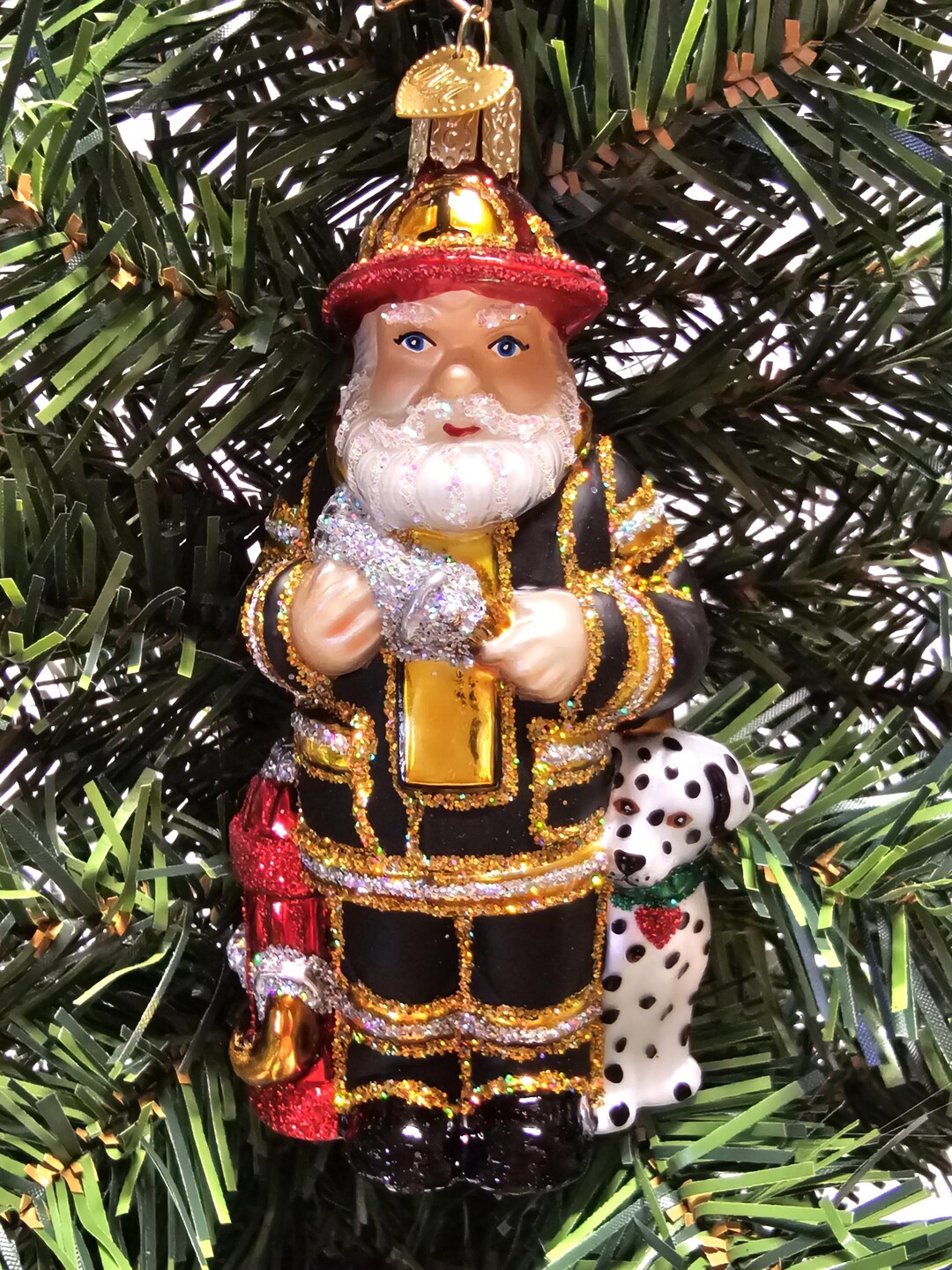 Vintage Christmas Ornament Fireman Santa Black Coat, Hand Painted Blown ...