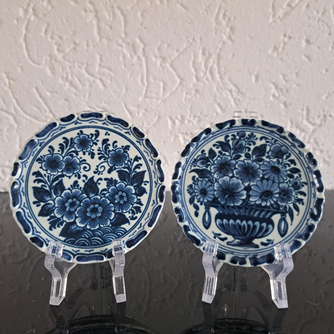 Pair of Delft Blue Dutch Small Round Floral Decor Delftware Tiles From ...