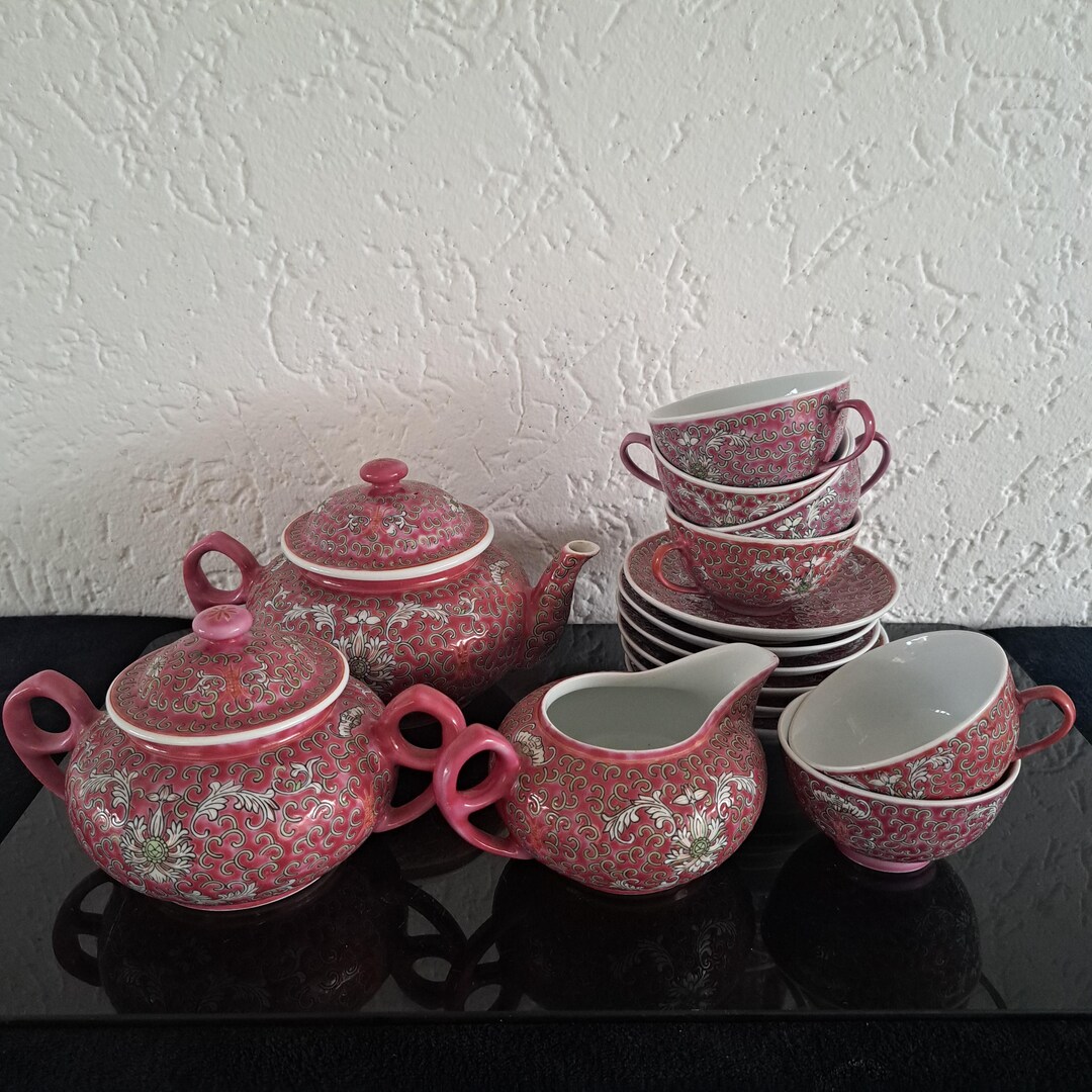Vintage Chinese Mun Shout Famille Rose 15-piece Porcelain Tea Set - Etsy