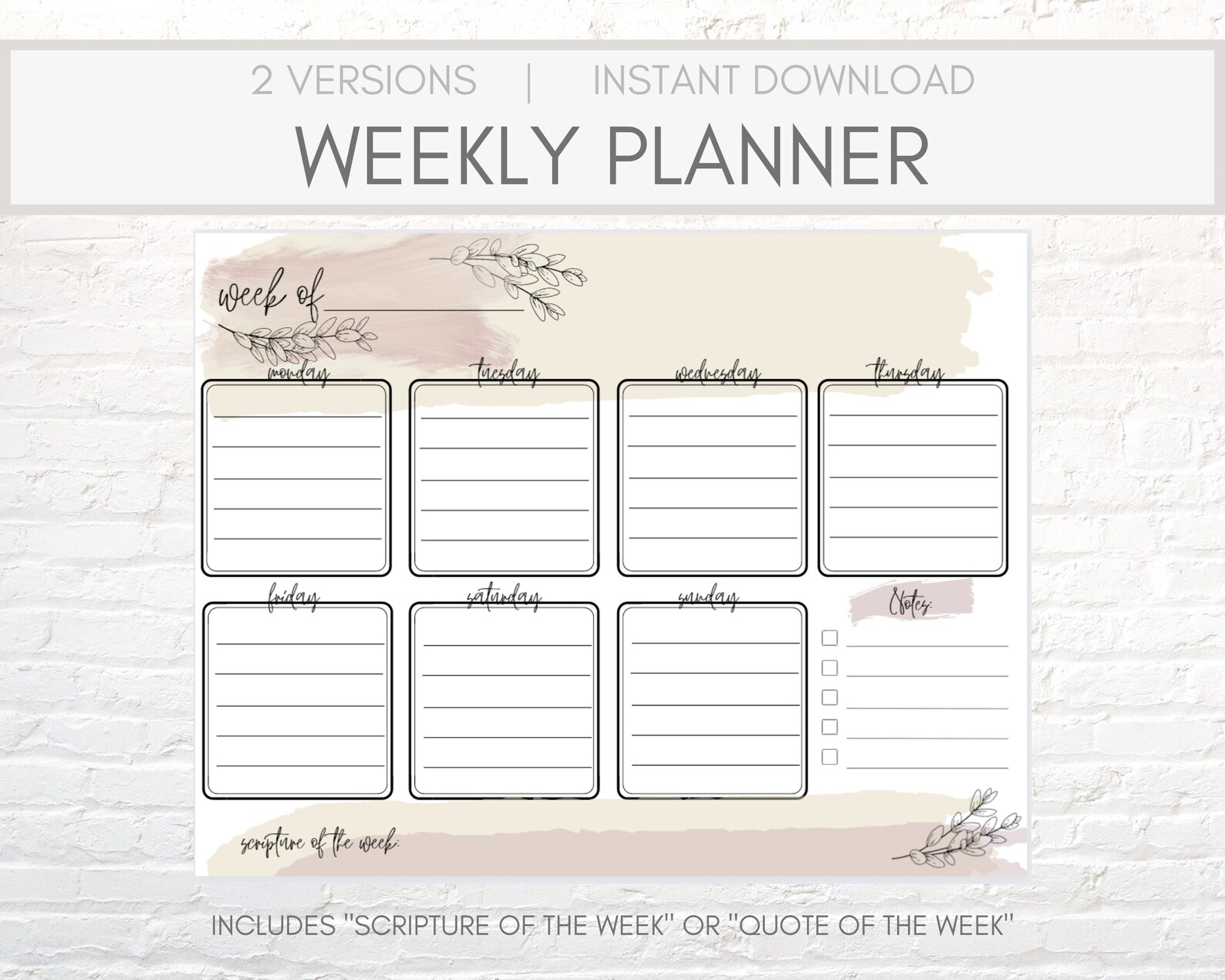 Weekly Planner Printable, INSTANT DOWNLOAD, Monday Start, Weekly ...
