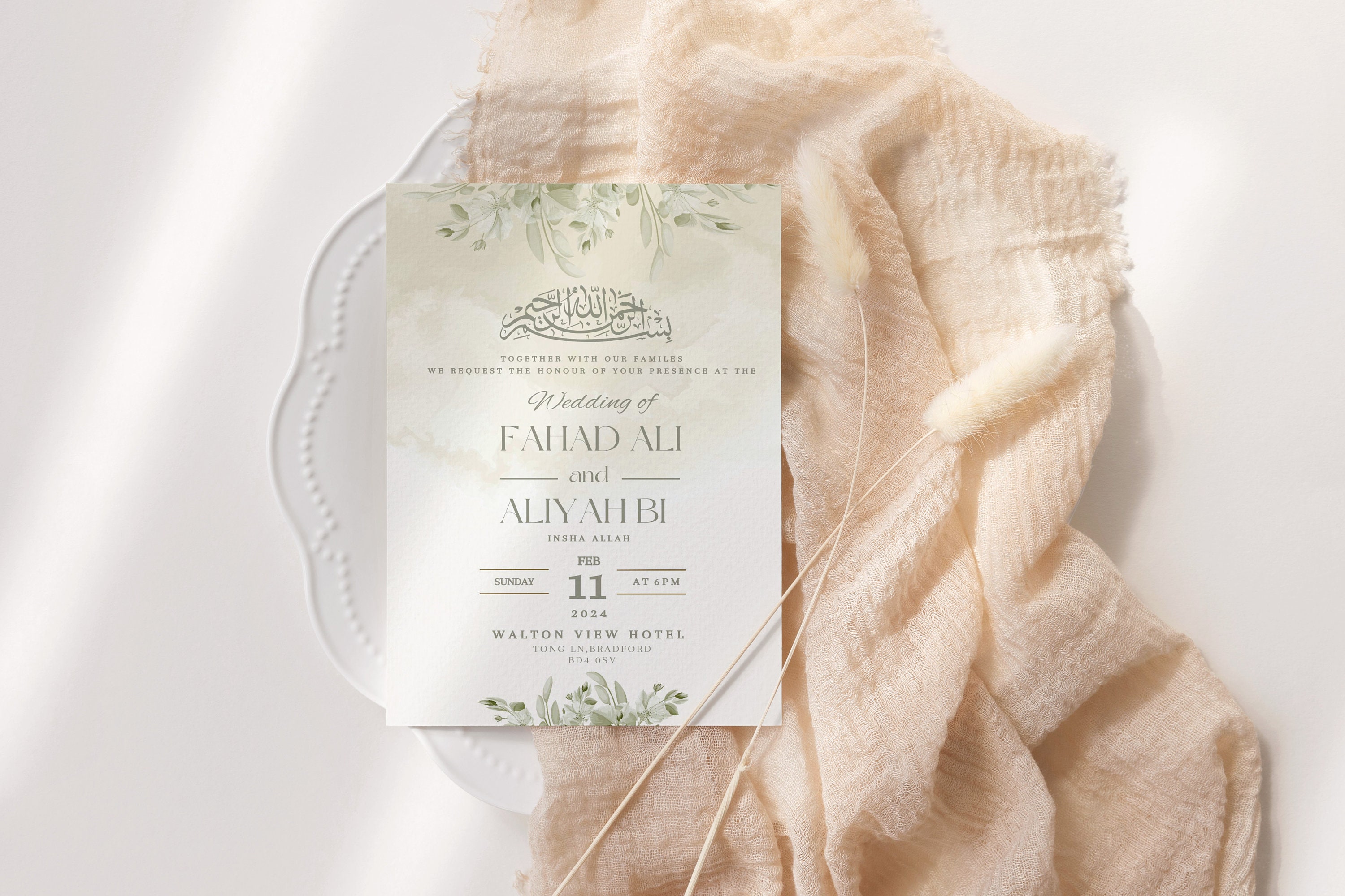 Digital Muslim Wedding Invitation Template, Green Watercolor Floral ...