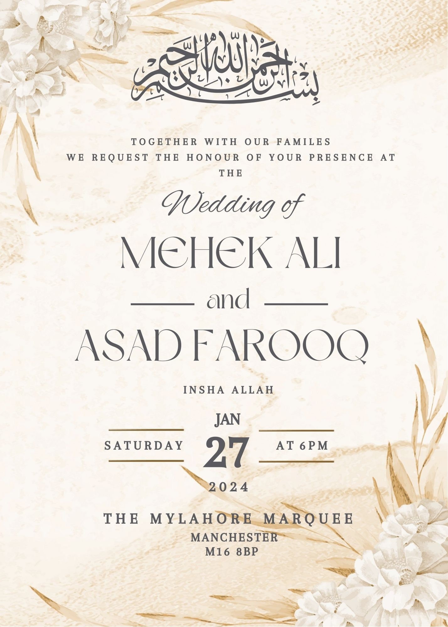 Digital Muslim Wedding Invitation Template, Neutral Cream Gold Floral ...