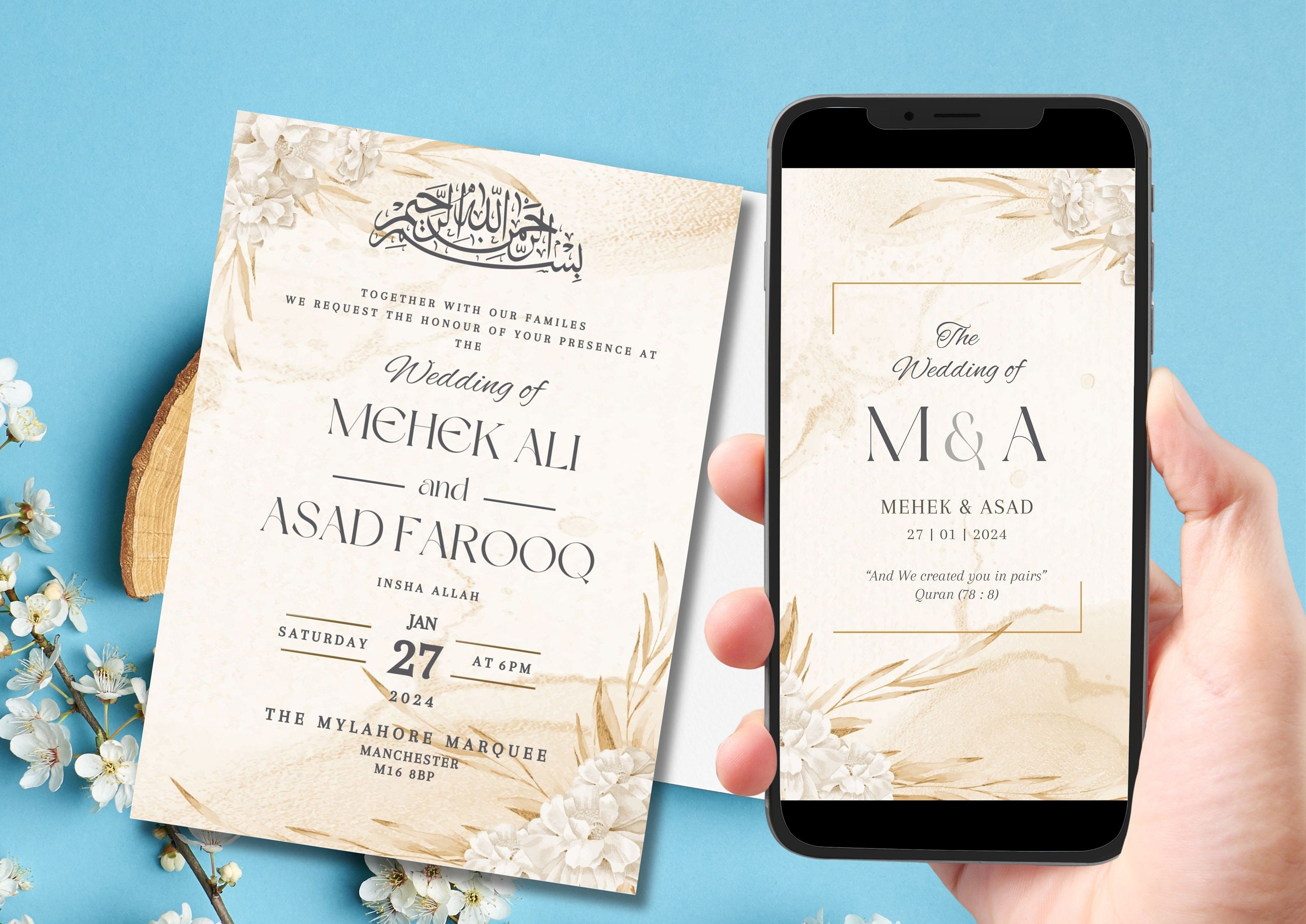 Digital Muslim Wedding Invitation Template, Neutral Cream Gold Floral ...