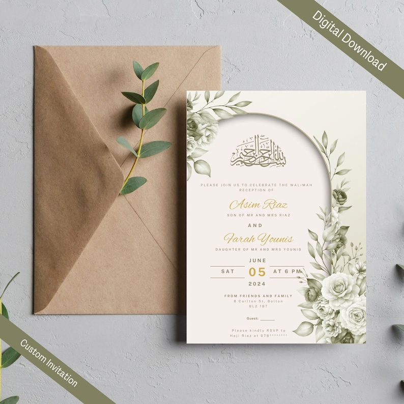 Digital Muslim Wedding Invitation Template, White Green Floral Nikah ...