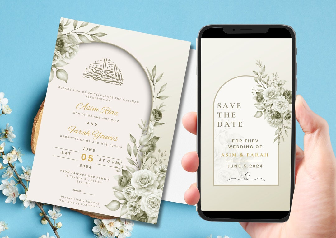 Digital Muslim Wedding Invitation Template, White Green Floral Nikah ...