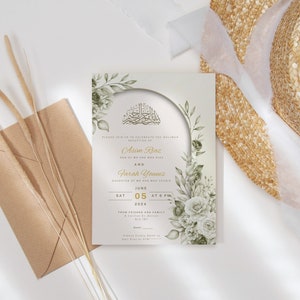 Digital Muslim Wedding Invitation Template, White Green Floral Nikah ...