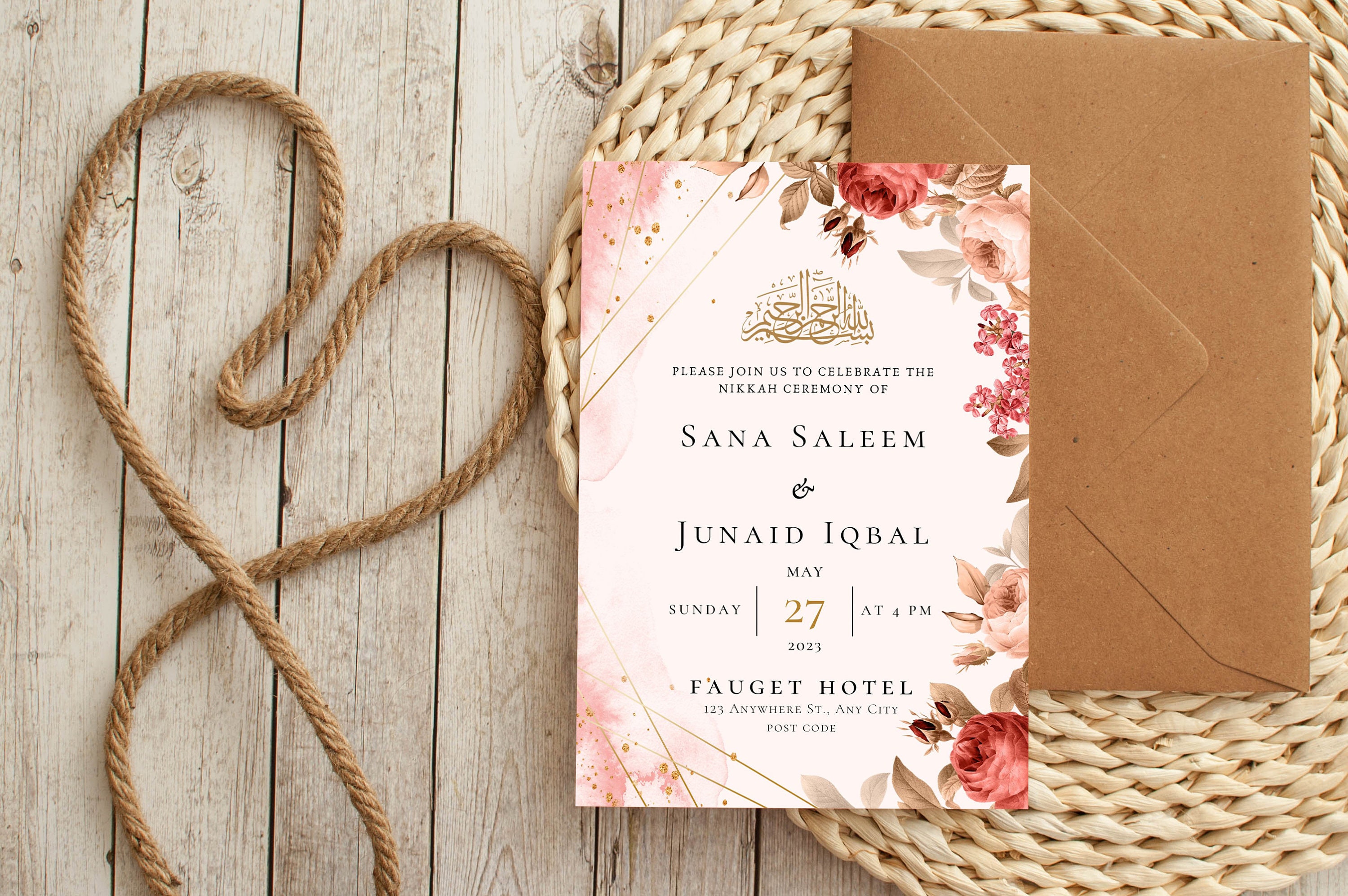Digital Muslim Wedding Invitation Template, Pink Red Floral Nikah ...