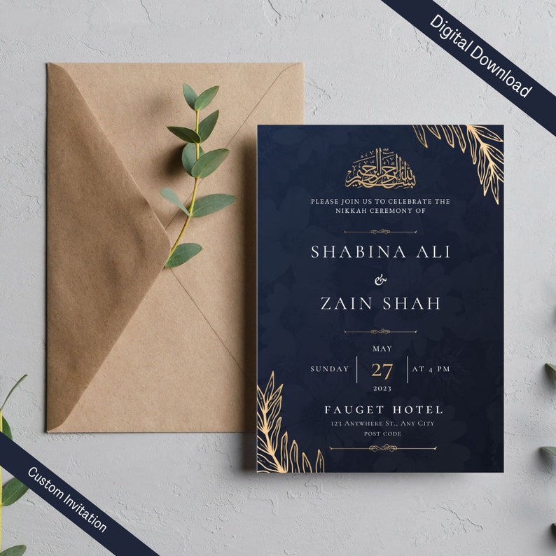 Digital Muslim Wedding Invitation Template, Gold Floral Nikah Invite ...