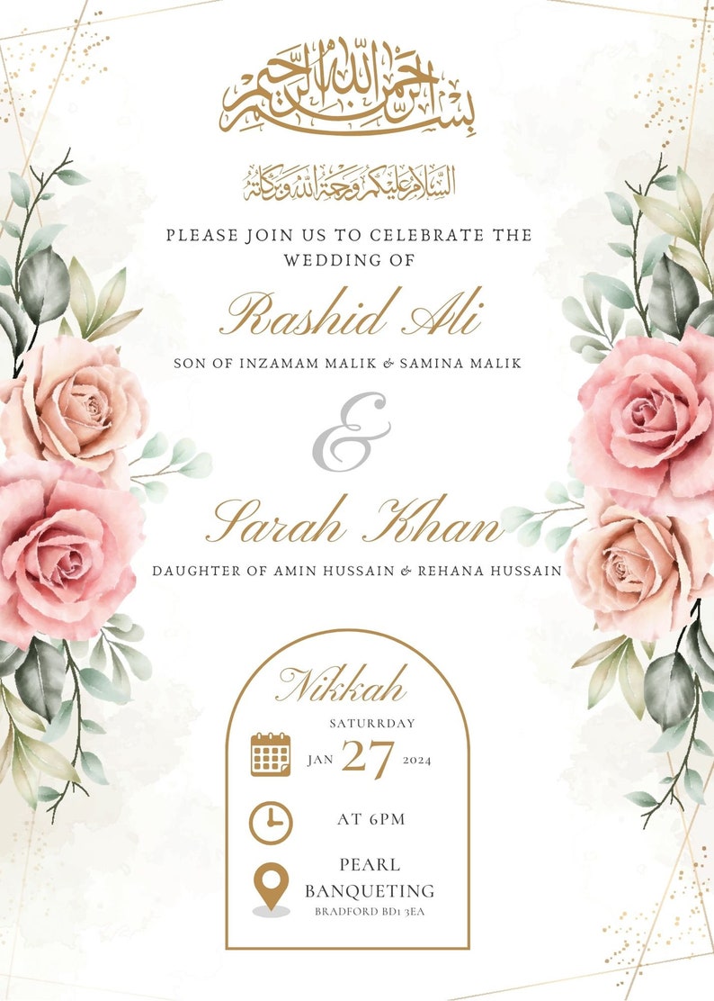 Digital Muslim Wedding Invitation Template, Pink Floral Nikah Wedding ...