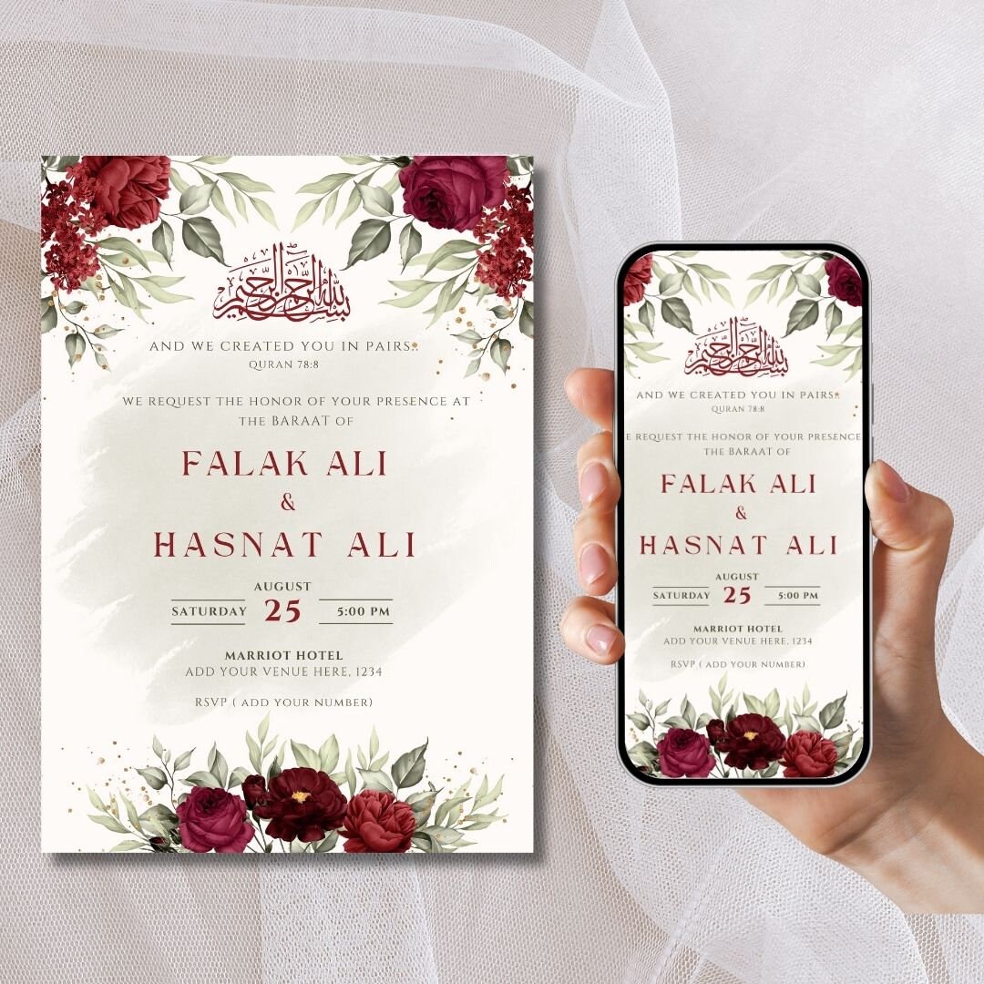 Muslim Wedding Invitation Editable Set of 3 Invites, Traditional Nikkah ...
