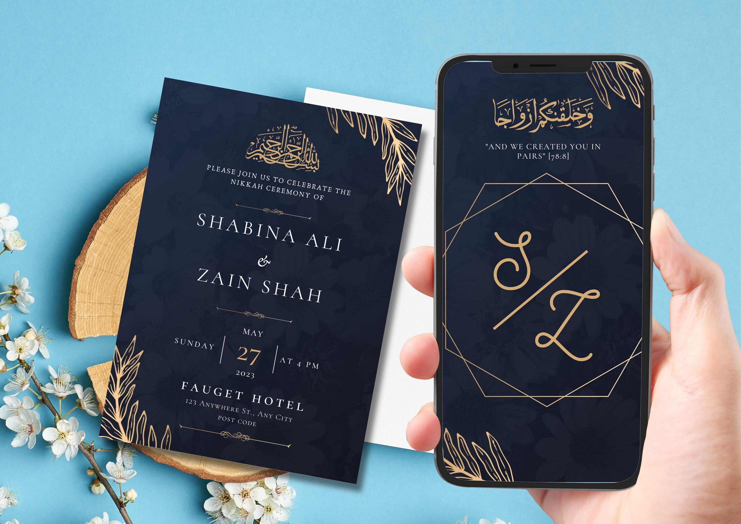 Digital Muslim Wedding Invitation Template, Gold Floral Nikah Invite ...
