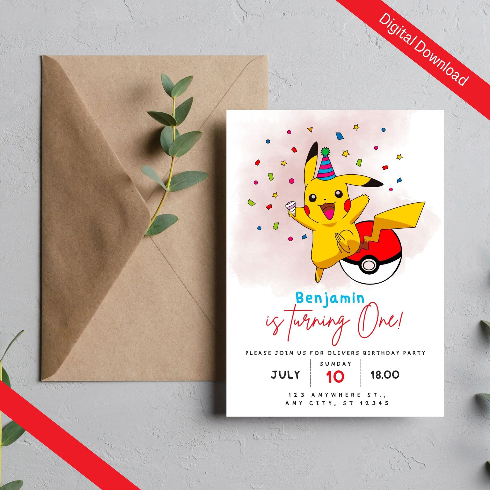 Invitación de cumpleaños de Pikachu, invitación de cumpleaños digital ...