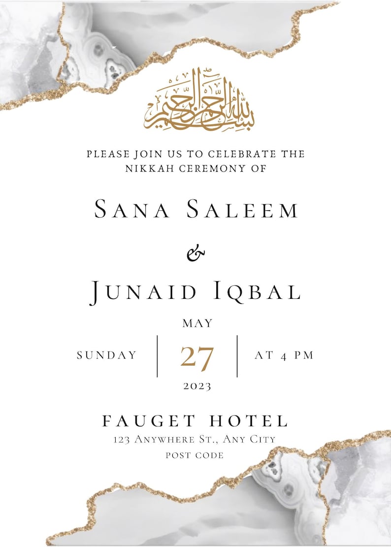 Digital Muslim Wedding Invitation Template, White and Gold Marble ...