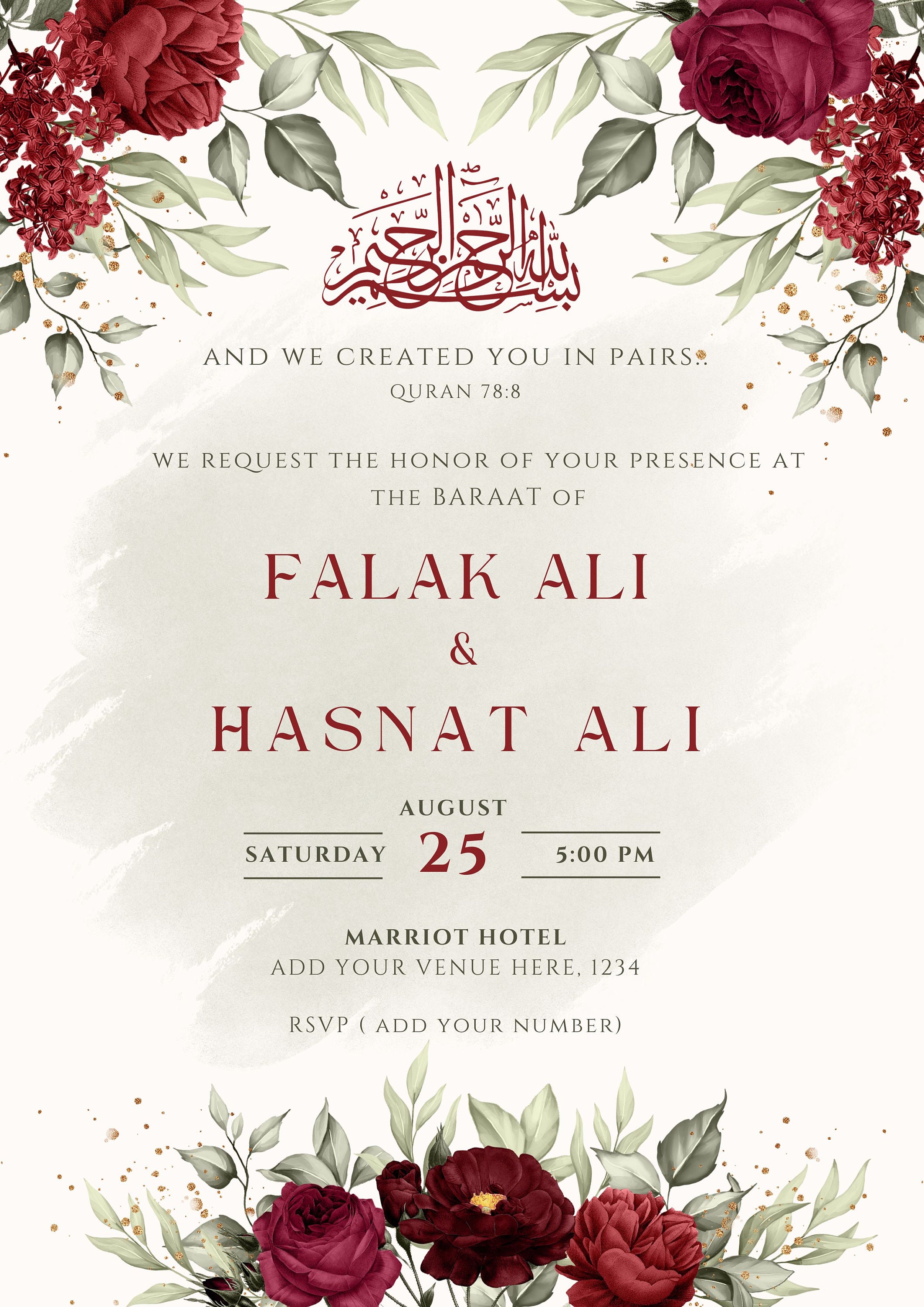 Muslim Wedding Invitation Editable Set of 3 Invites, Traditional Nikkah ...