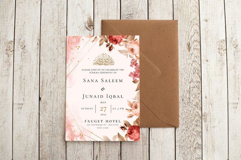 Digital Muslim Wedding Invitation Template, Pink Red Floral Nikah ...