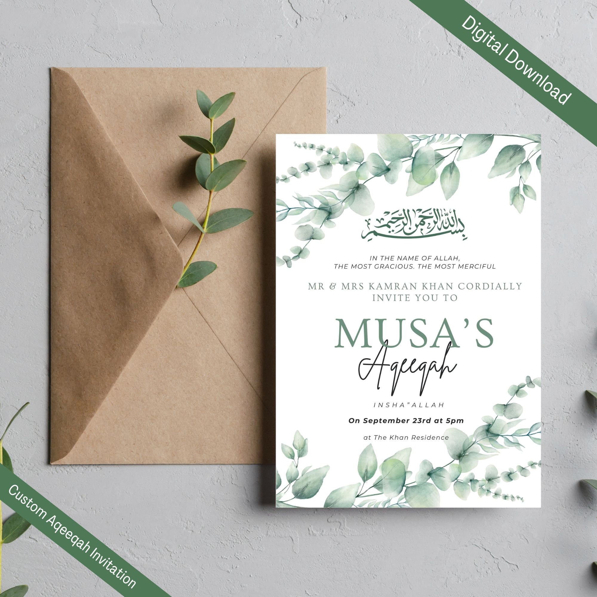 Aqeeqah Invitation Digital Download, Personalized Islamic Unisex Birth ...