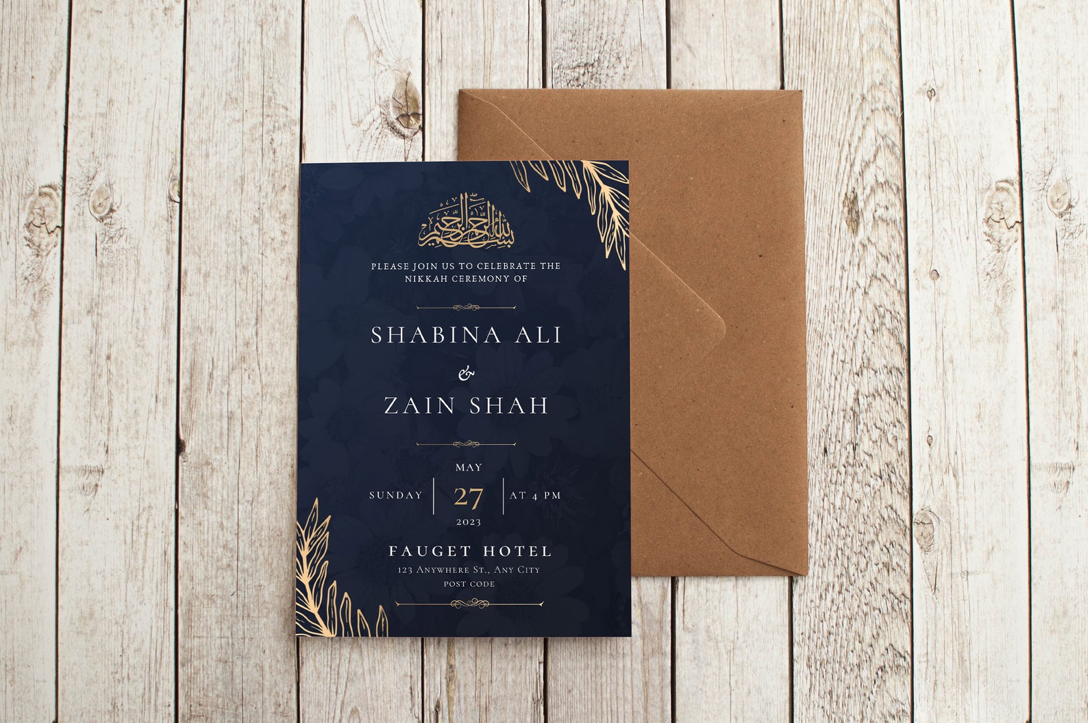 Digital Muslim Wedding Invitation Template, Gold Floral Nikah Invite ...