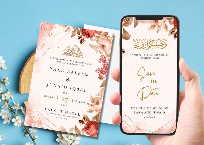 Digital Muslim Wedding Invitation Template, Pink Red Floral Nikah ...