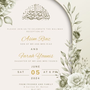 Digital Muslim Wedding Invitation Template, White Green Floral Nikah ...