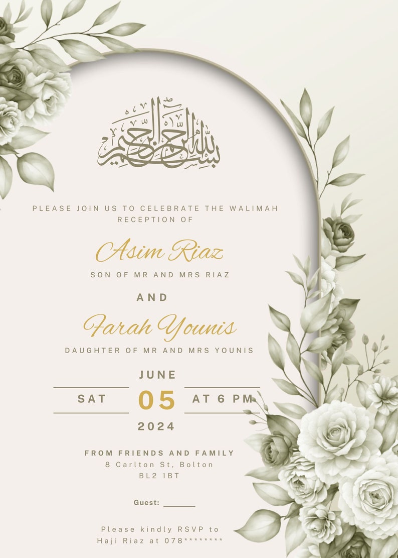 Digital Muslim Wedding Invitation Template, White Green Floral Nikah ...